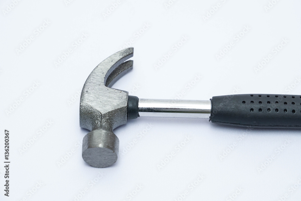Stainless steel hammer with black handle on isolated white background ...