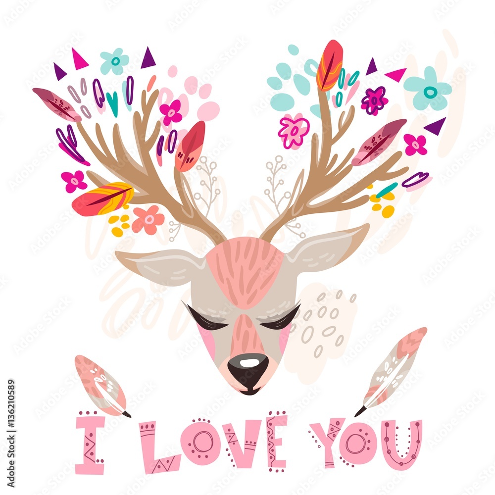 Vector beautiful illustration of deer and hand drawn letters "I love ...