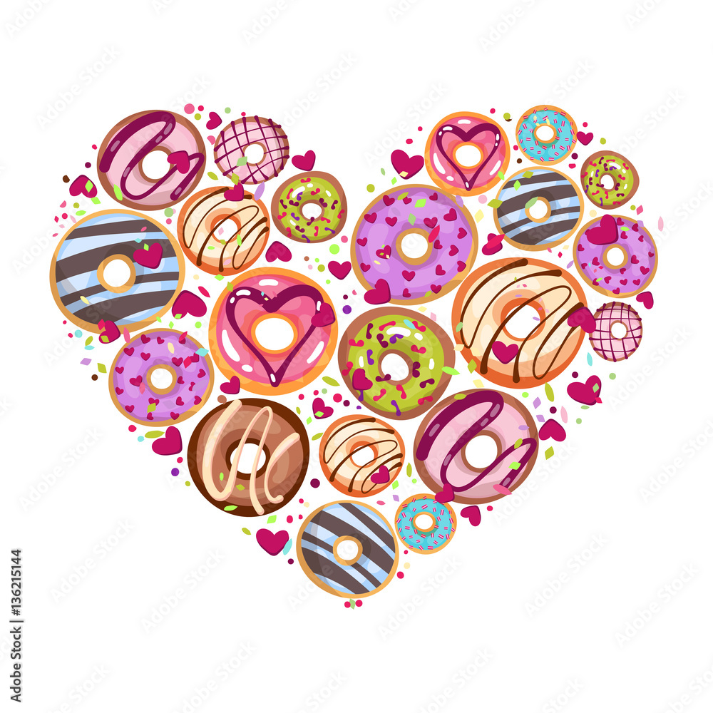Design from donuts in the heart form. Culinary pastries background for ...