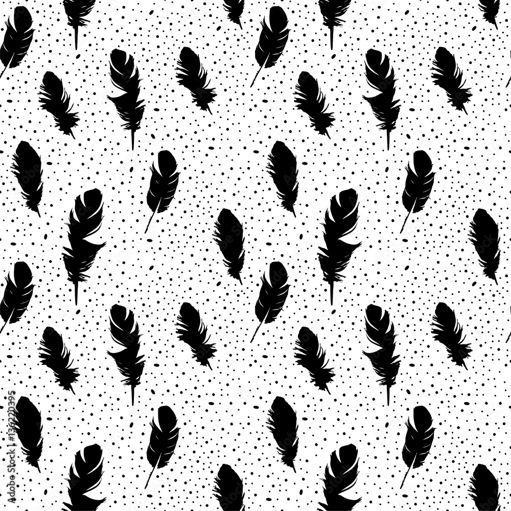 Seamless pattern with beautiful black feathers on white. Vector ...