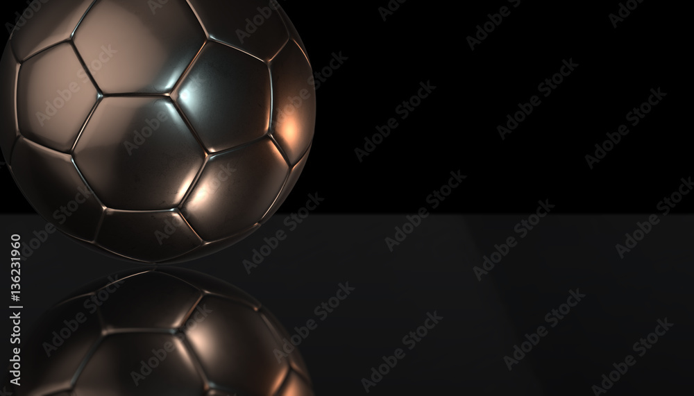 Gold soccer ball on reflection with black background, 3d rendering ...
