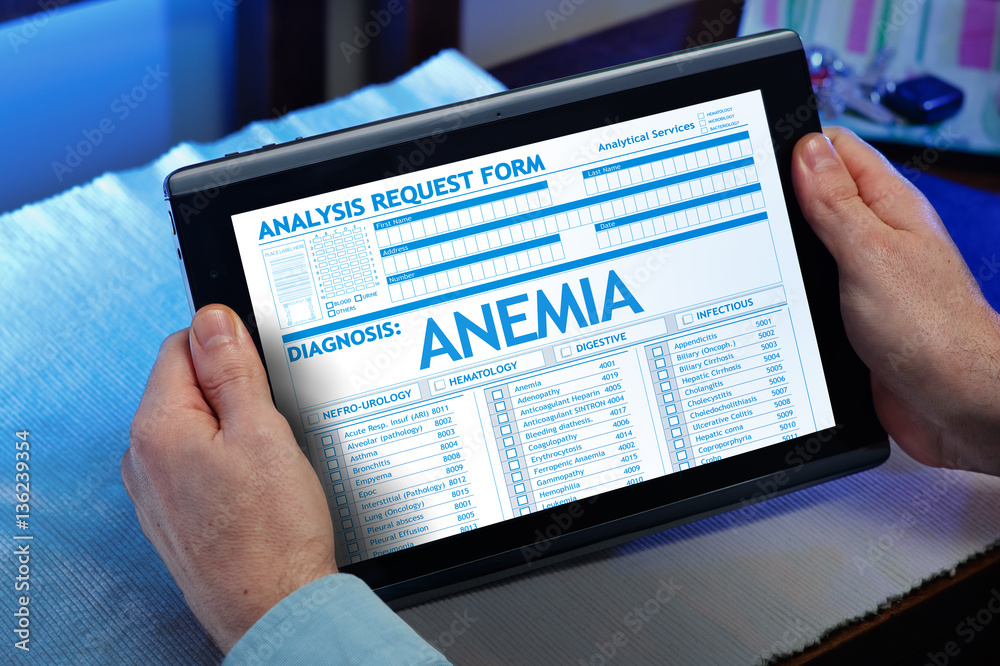 Man consulting on internet your medical record with anemia diagnostic ...