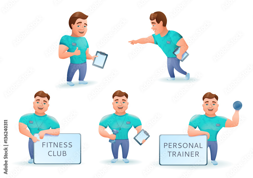 Personal fitness trainer set. Cartoon characters. Vector illustration ...