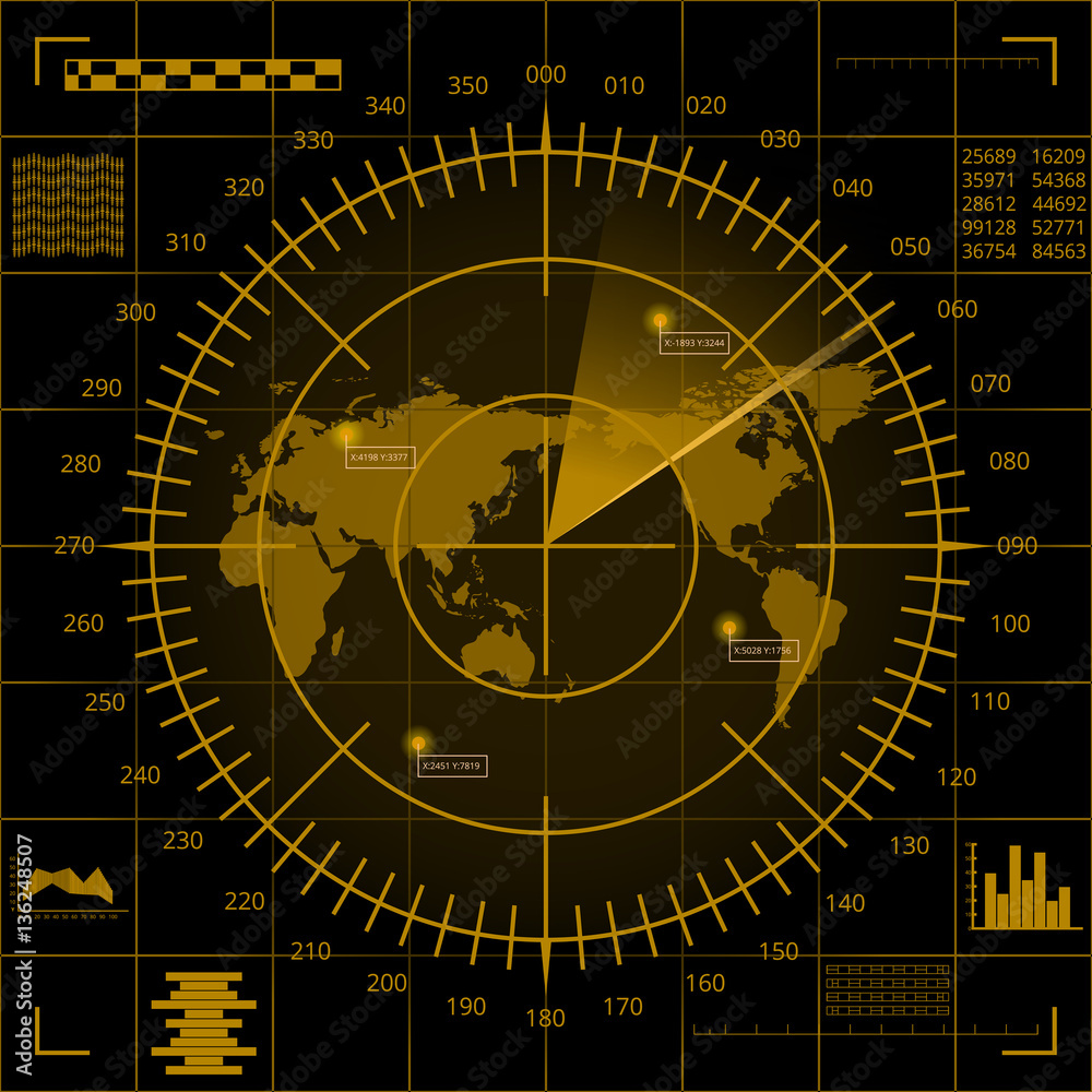Digital yellow radar screen with world map, targets and futuristic user ...