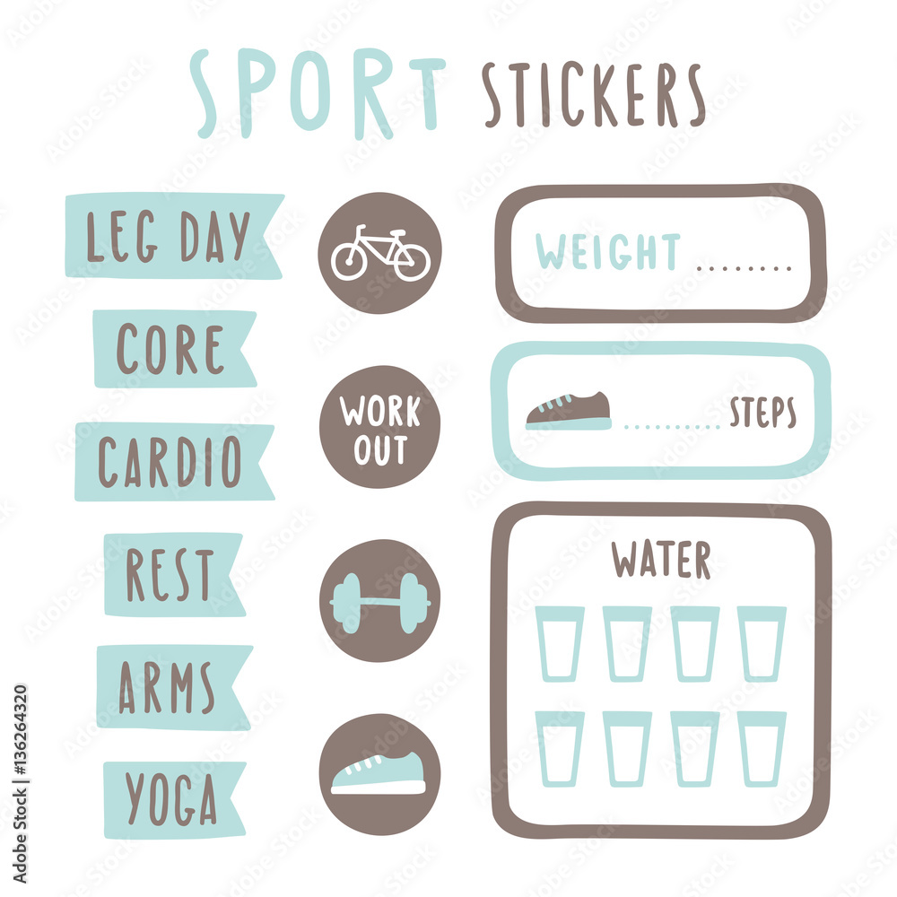 Set of fitness planning stickers. Printable. Vector hand drawn elements ...