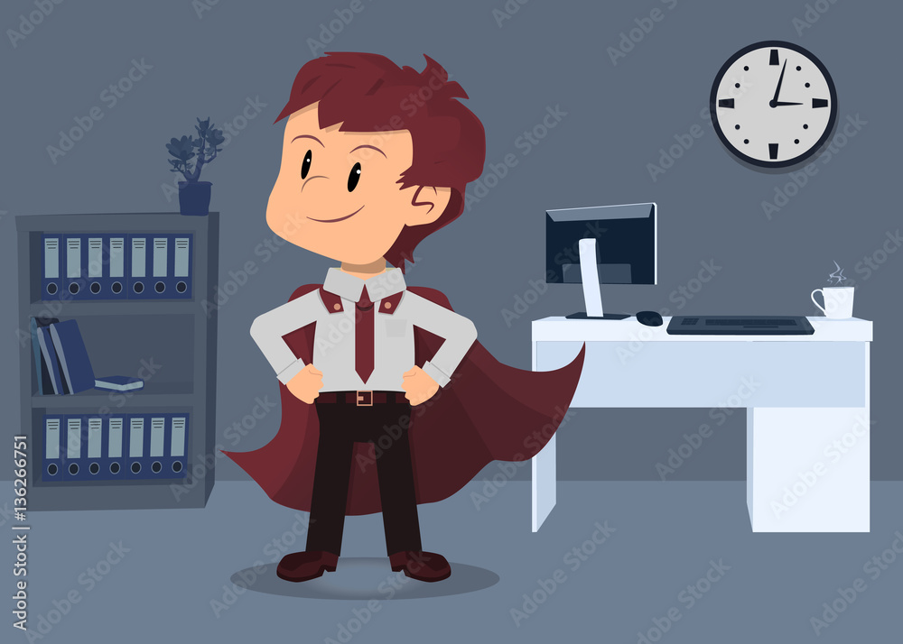 Empleado motivado con pose de triunfo y expresión feliz, con capa en la ...