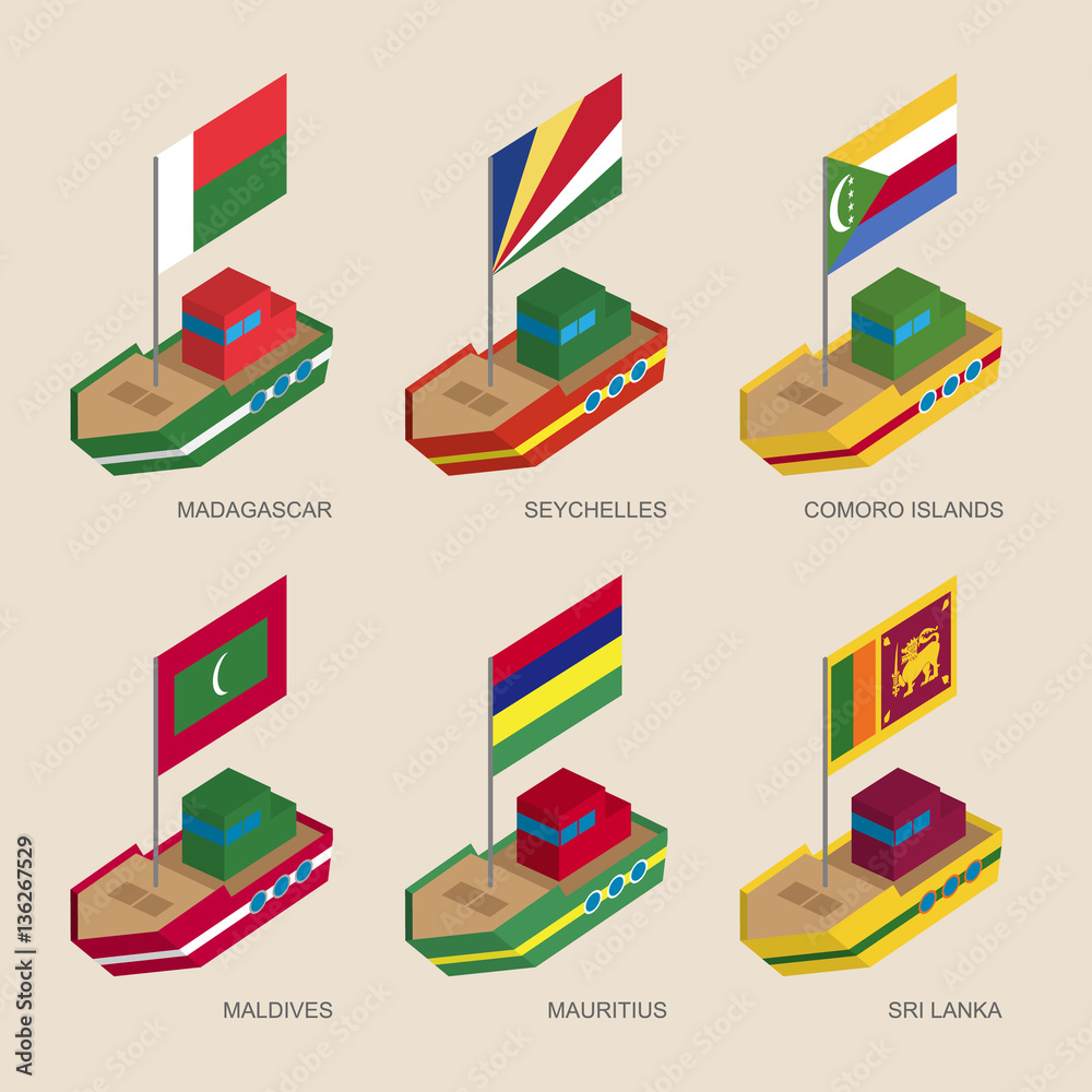 Set of isometric 3d ships with flags of countries in Indian ocean ...