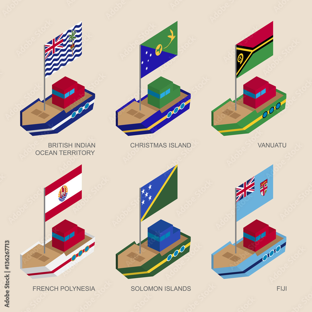 Set of isometric 3d ships with flags of countries in Oceania. Vessels ...