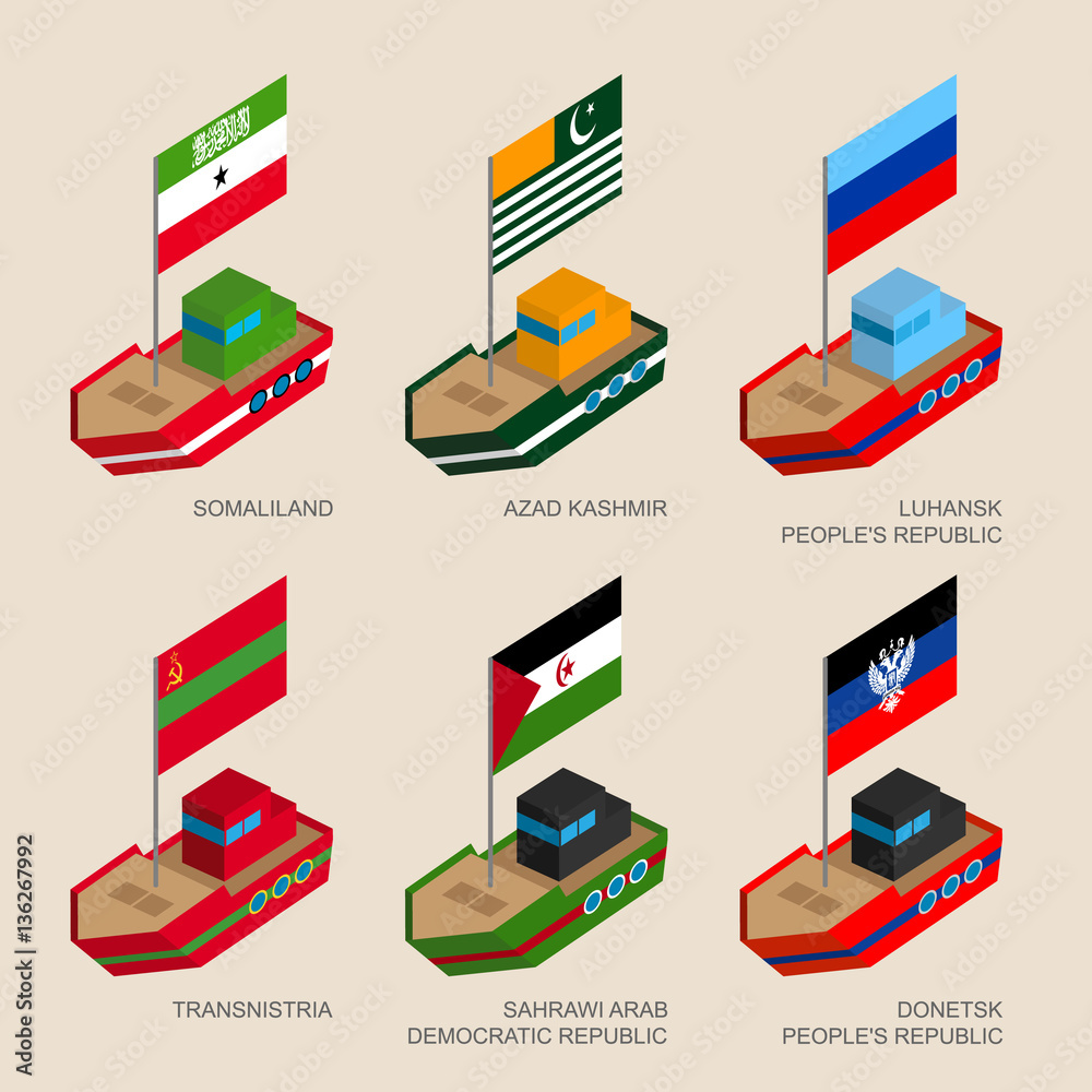 Set of isometric 3d ships with flags of partially recognised states ...