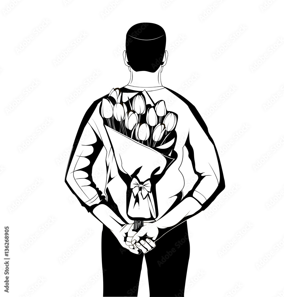 Man hiding bouquet of flowers behind his back. Vector illustration ...