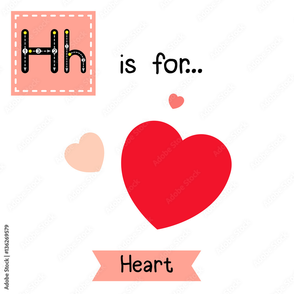 Cute children ABC alphabet H letter tracing flashcard of Heart for kids ...