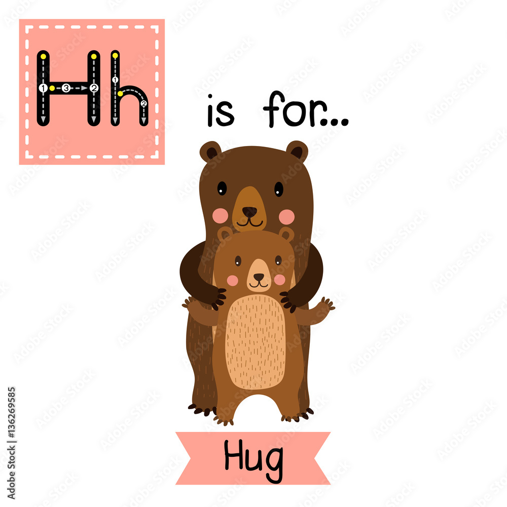 Cute children ABC alphabet H letter tracing flashcard of Hug for kids ...
