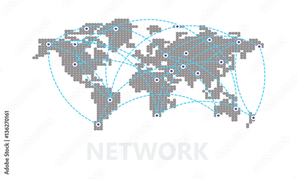 Net. Map of the world in two hemispheres, continents are connected by a ...