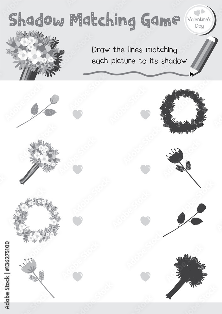Shadow matching game of flowers for preschool kids activity worksheet ...