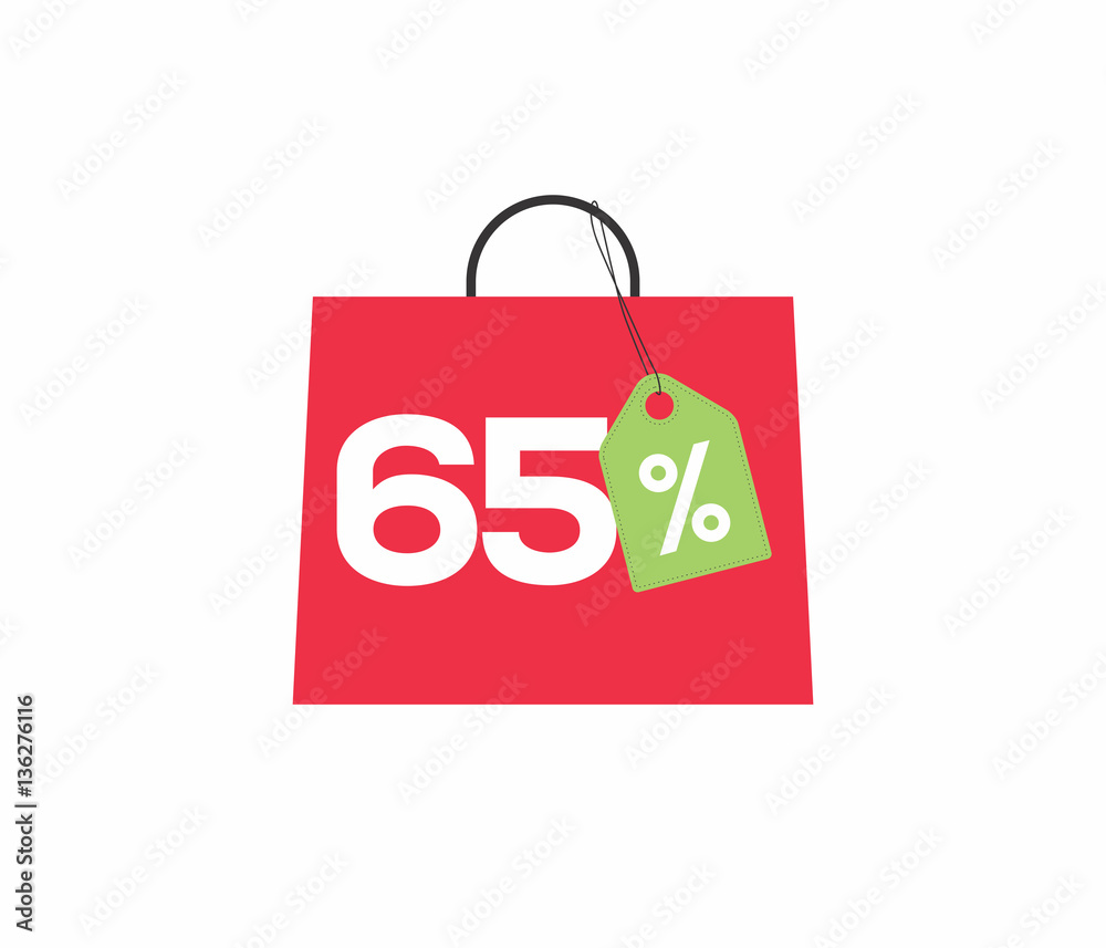 Red shopping bag with 65% on it, with a green price tag label isolated ...