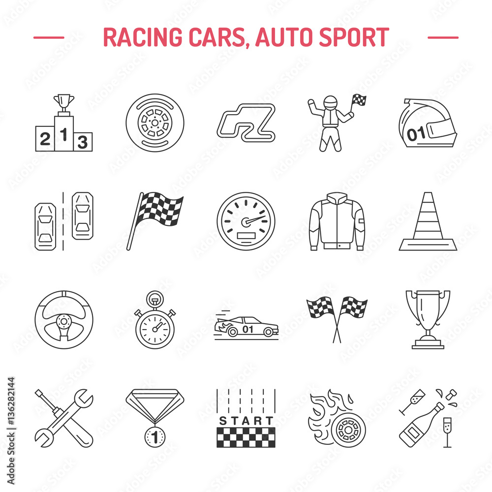 Car racing vector line icons. Speed auto championship signs - track ...