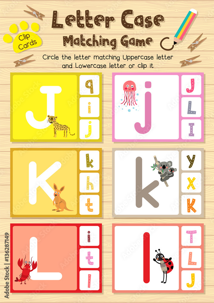 Clip cards matching game of letter case J, K, L for preschool kids ...