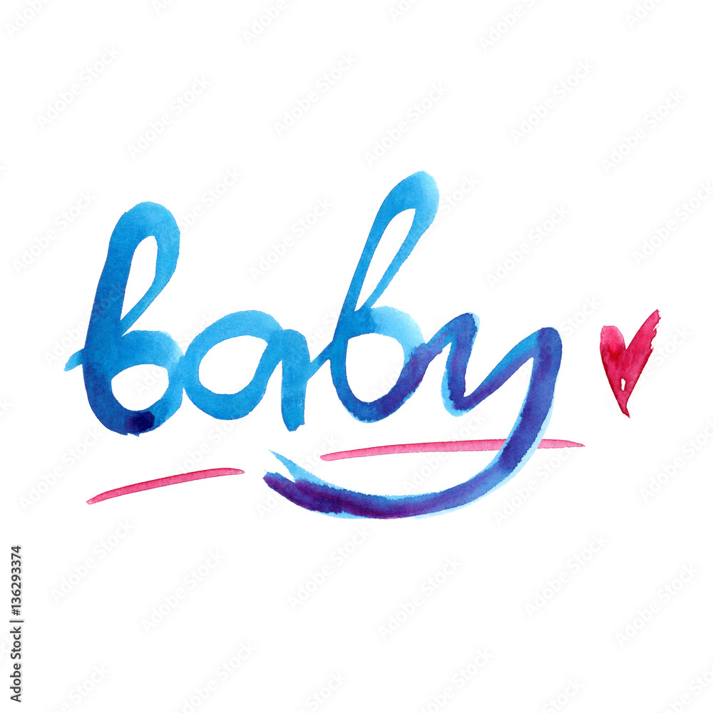 Word "baby" hand written in blue ink with small bright pink heart ...