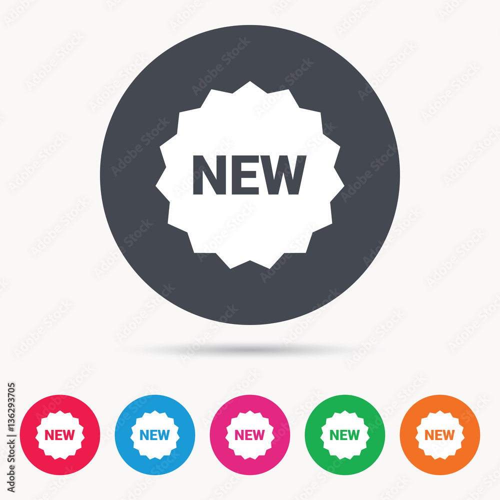 New icon. Special offer star symbol. Colored circle buttons with flat ...