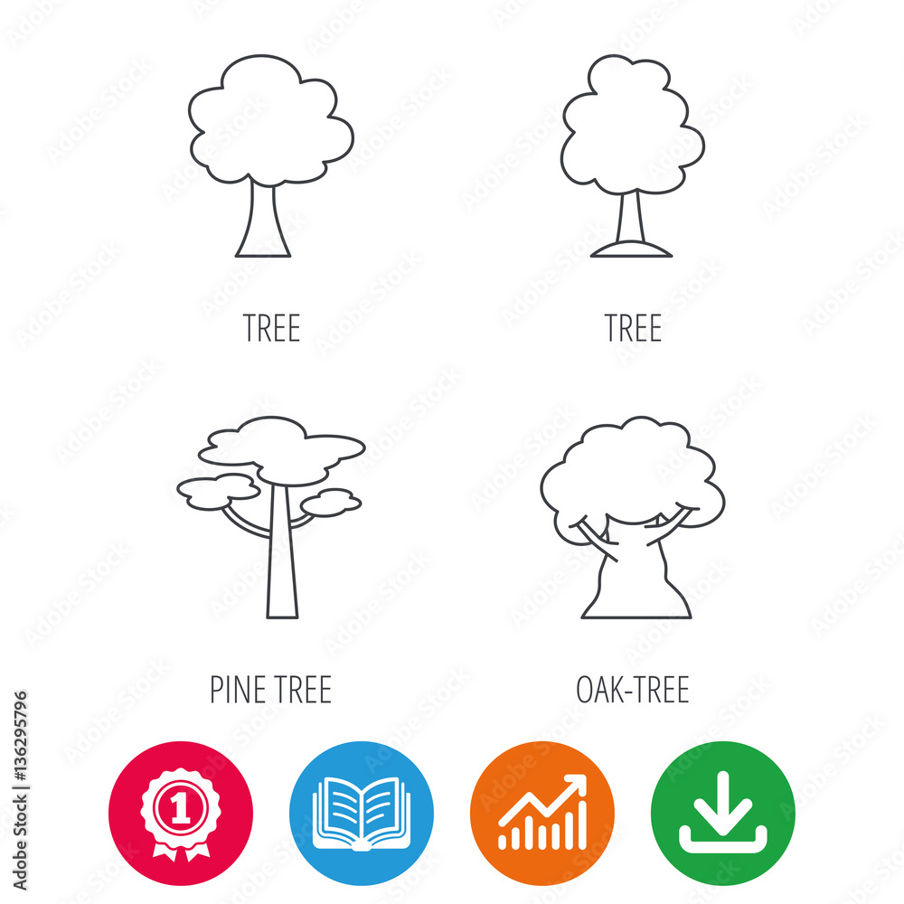 Pine tree, oak-tree icons. Forest trees linear signs. Award medal ...