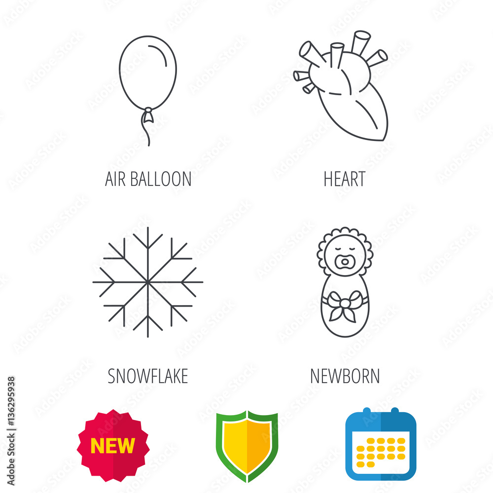 Newborn, heart and air balloon icons. Snowflake linear sign. Shield ...