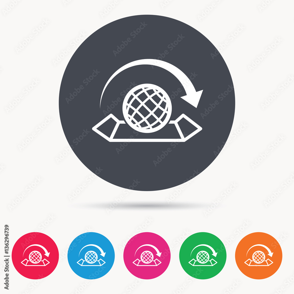World map icon. Globe with arrow sign. Travel location symbol. Colored ...