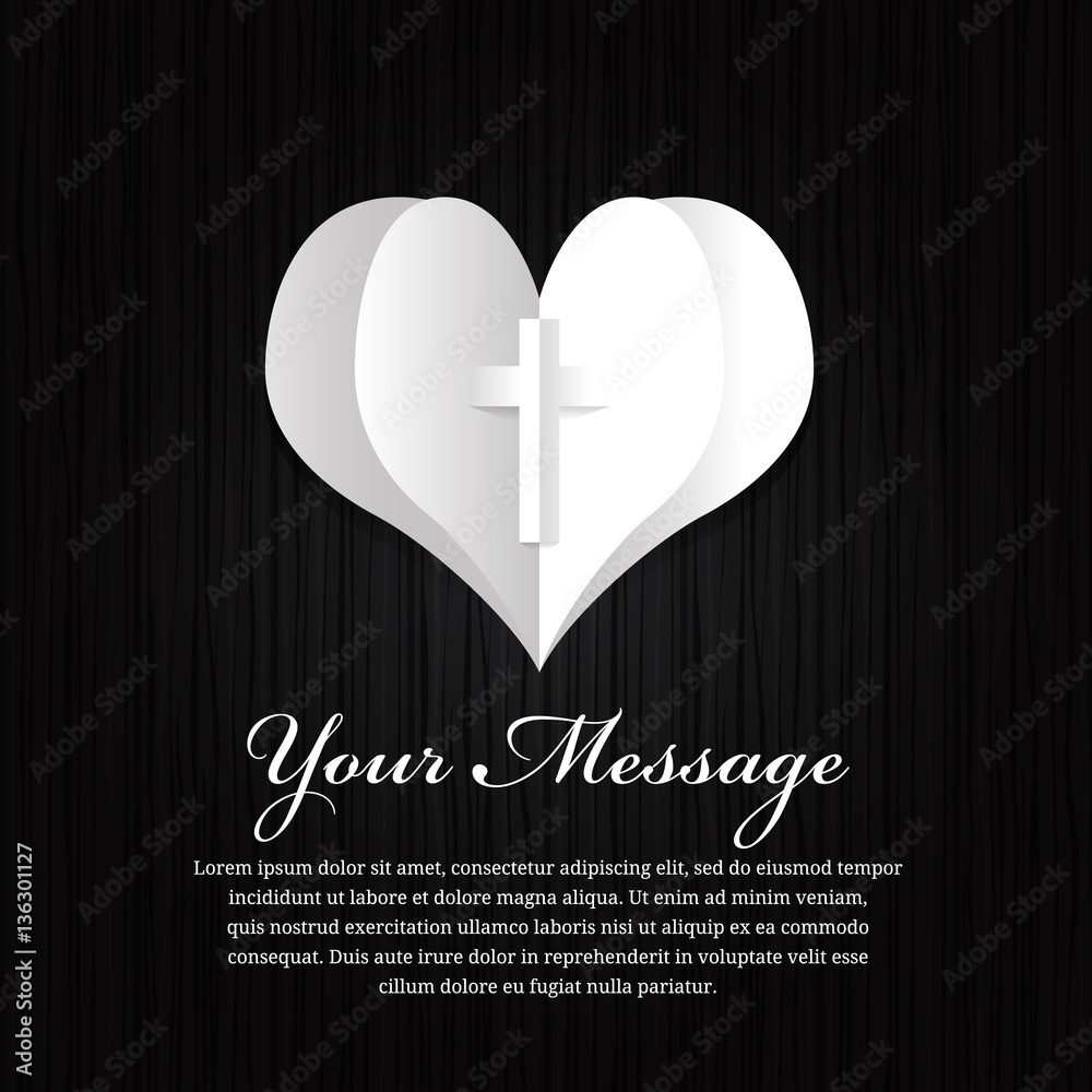 Funeral card - paper heart and cross sign on black wood background ...