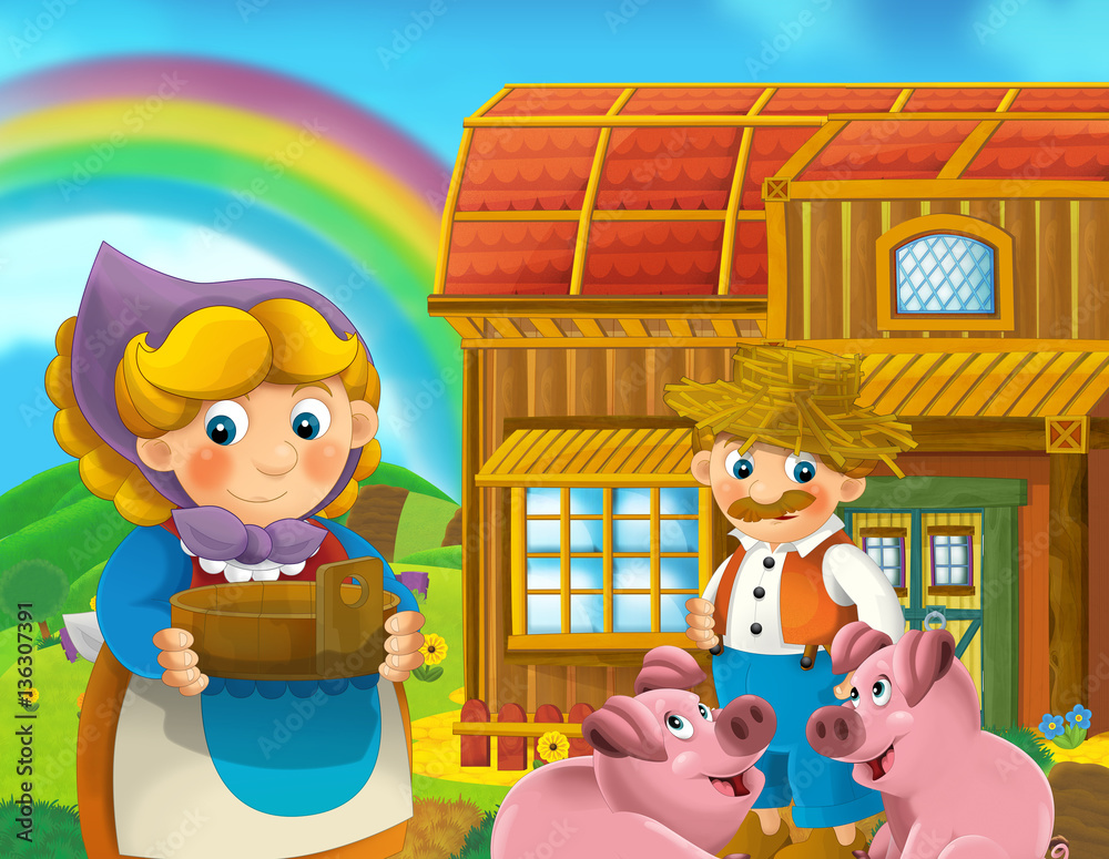 Cartoon scene of man and woman working on the farm - illustration for ...