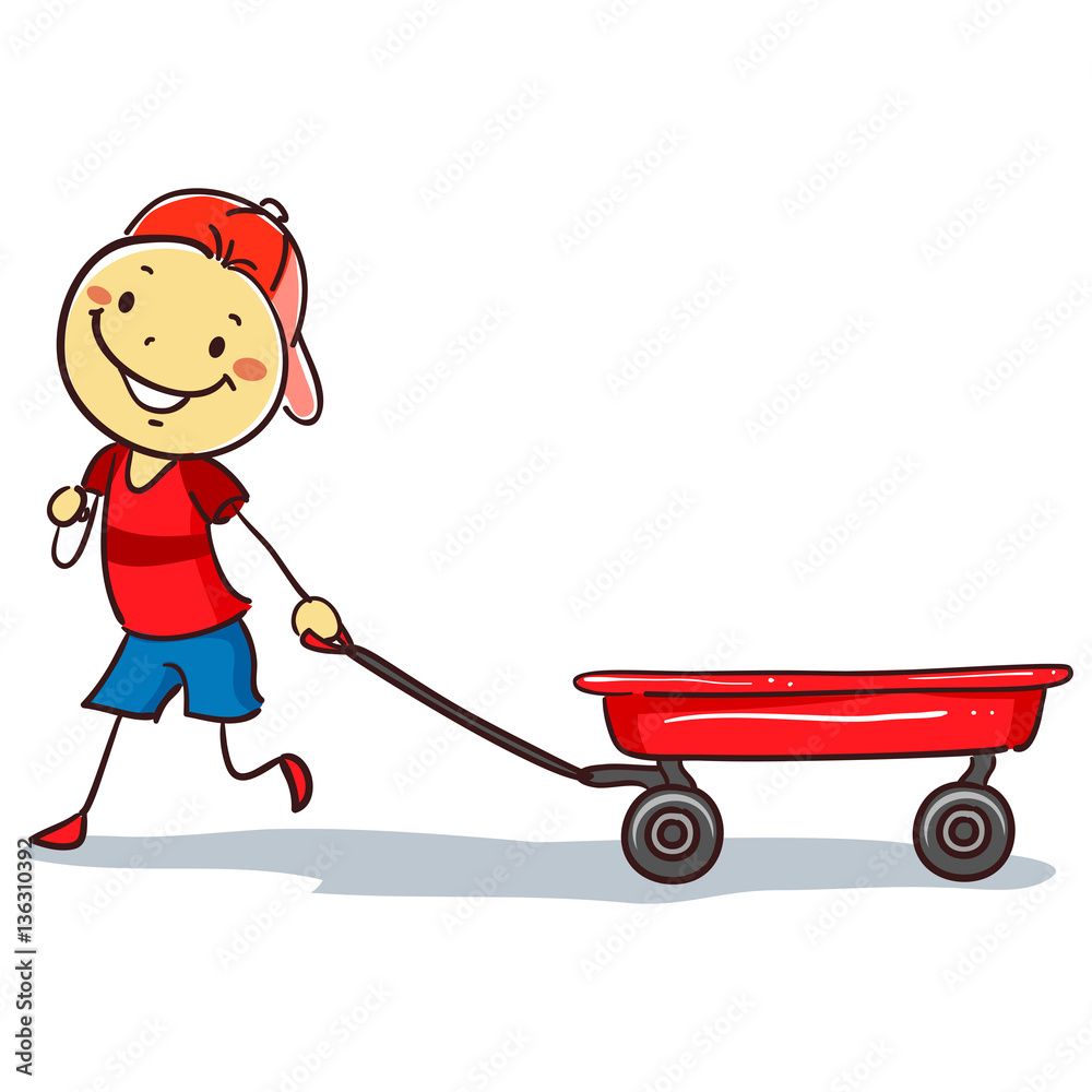 Vector Illustration of Stickman Boy pulling a red Wagon Stock Vector ...