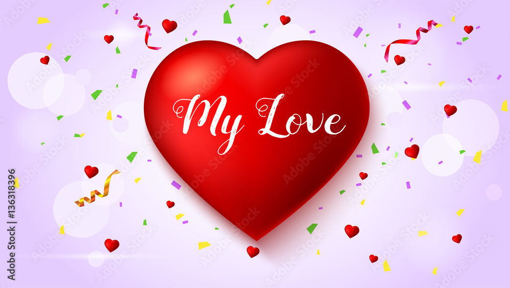 Greeting, romantic greeting card with big red heart and a bold abstract ...