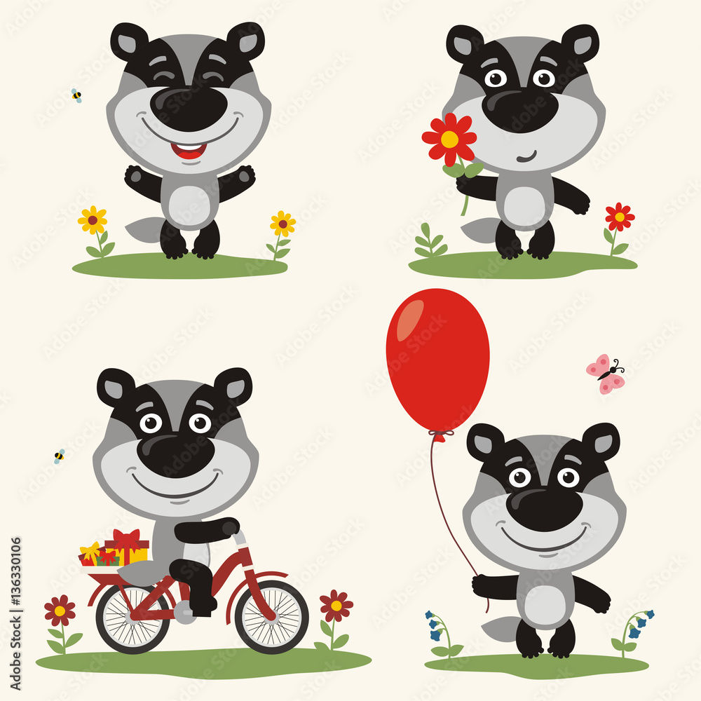 Vector set funny badger plays on meadow. Collection isolated badger on ...