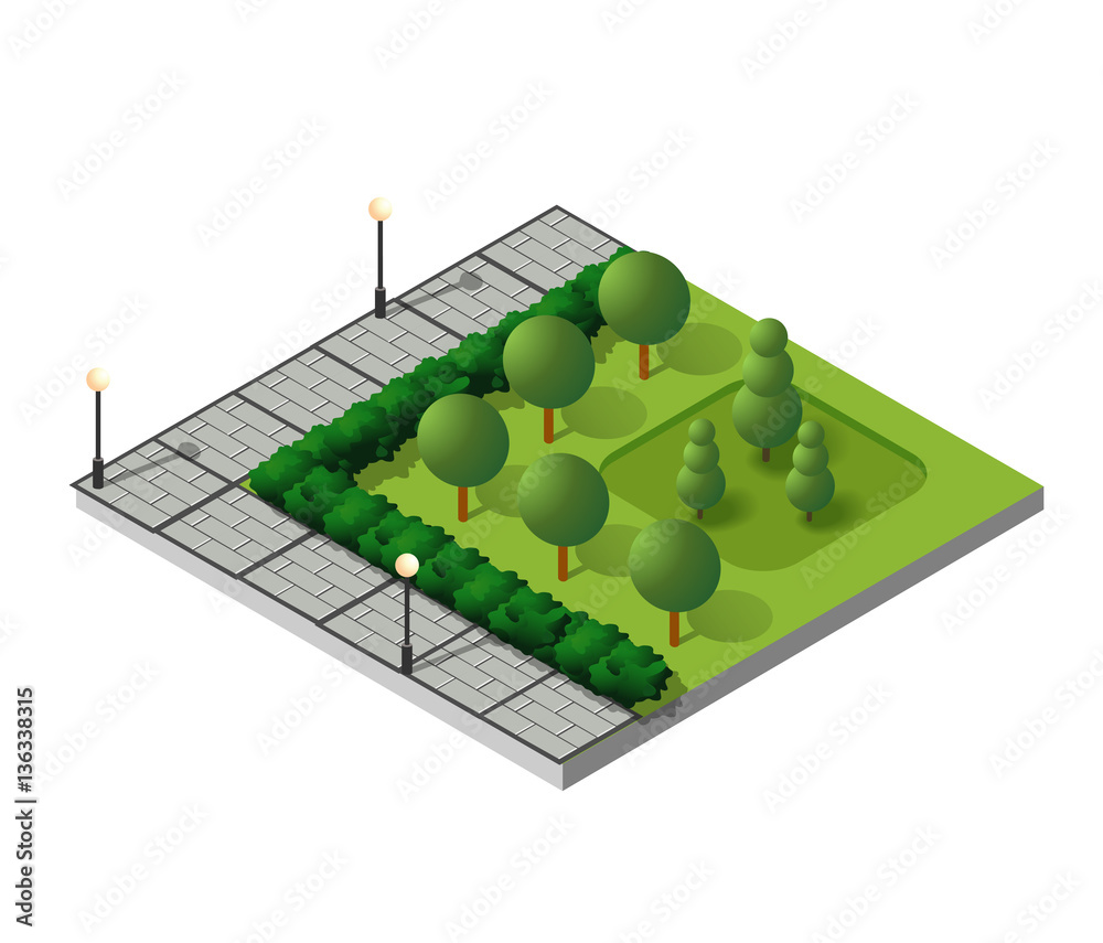 Isometric buildings city park furniture. Parkland garden concept with ...