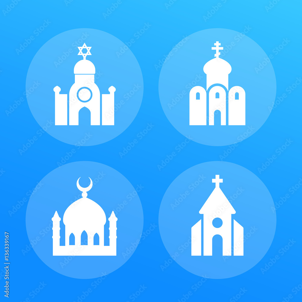 religion buildings icons set, mosque, synagogue, catholic and orthodox ...