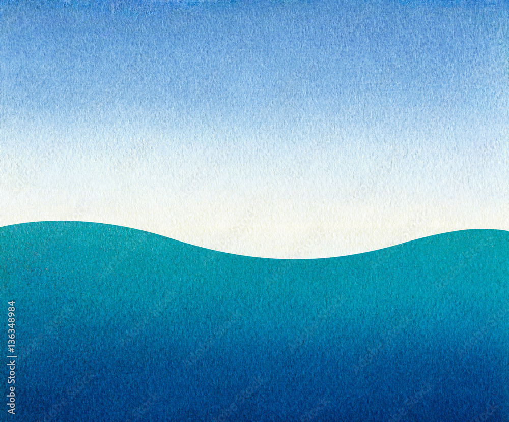 Watercolor background with waves, Watercolor background: blue sky and ...
