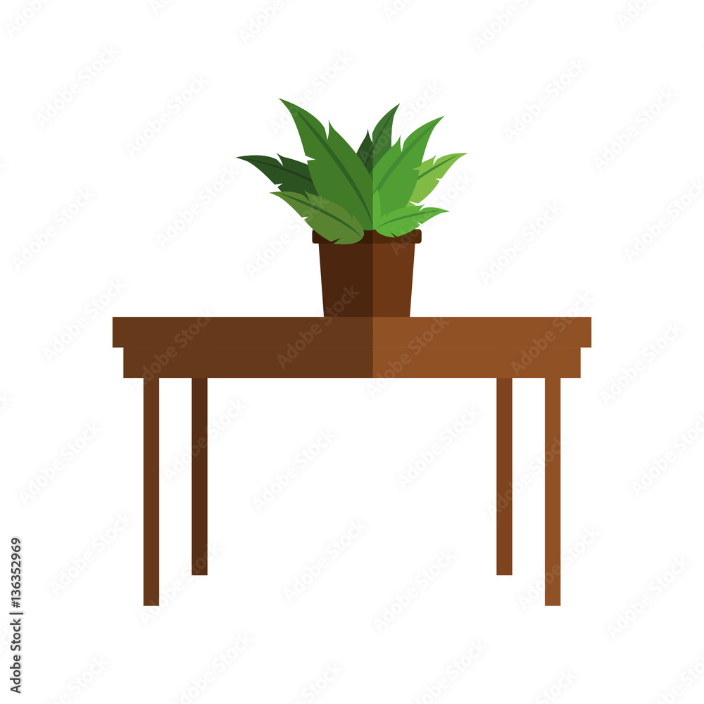 wooden table with plant in a pot over white background. colorful design ...