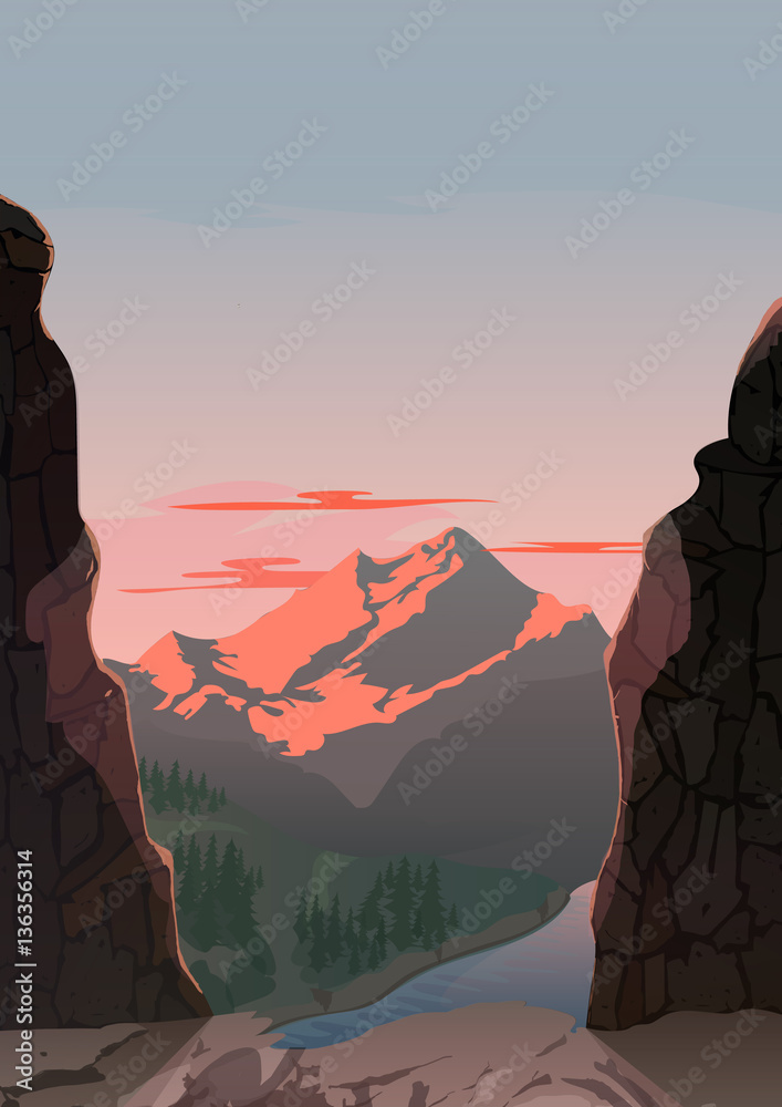 Vector cartoon illustration of mountain landscape. For design game ...