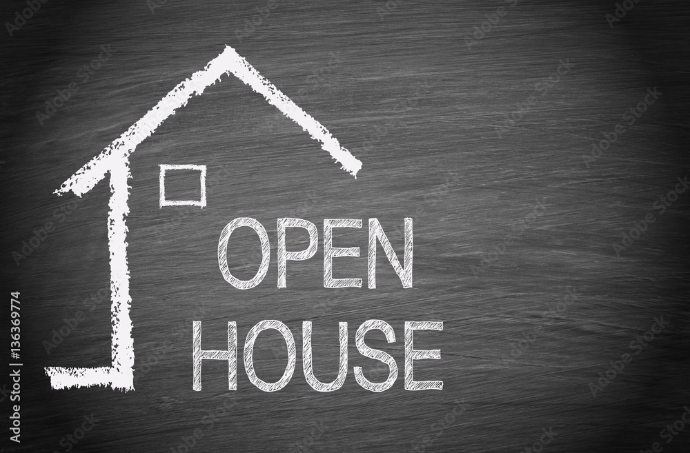 Open House - sketch of house or home with text on blackboard background ...