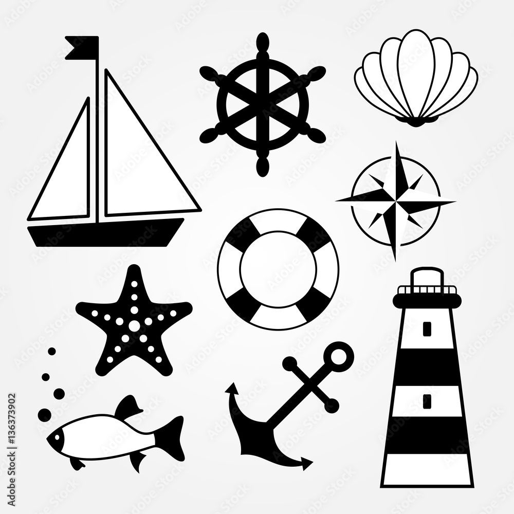 black-and-white sea symbols icons Stock Vector | Adobe Stock