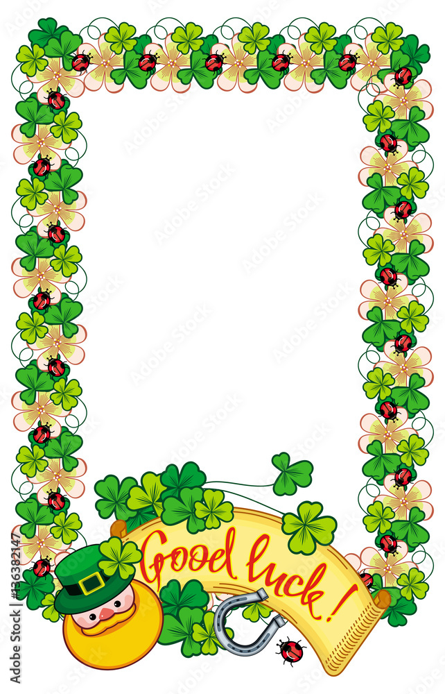 Funny frame with shamrock, leprechaun and text "Good luck!". Vector ...