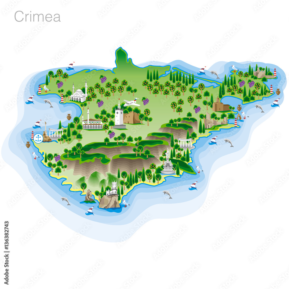 Poster Drawing of color Crimea tourist map. Vector illustration – Wall ...