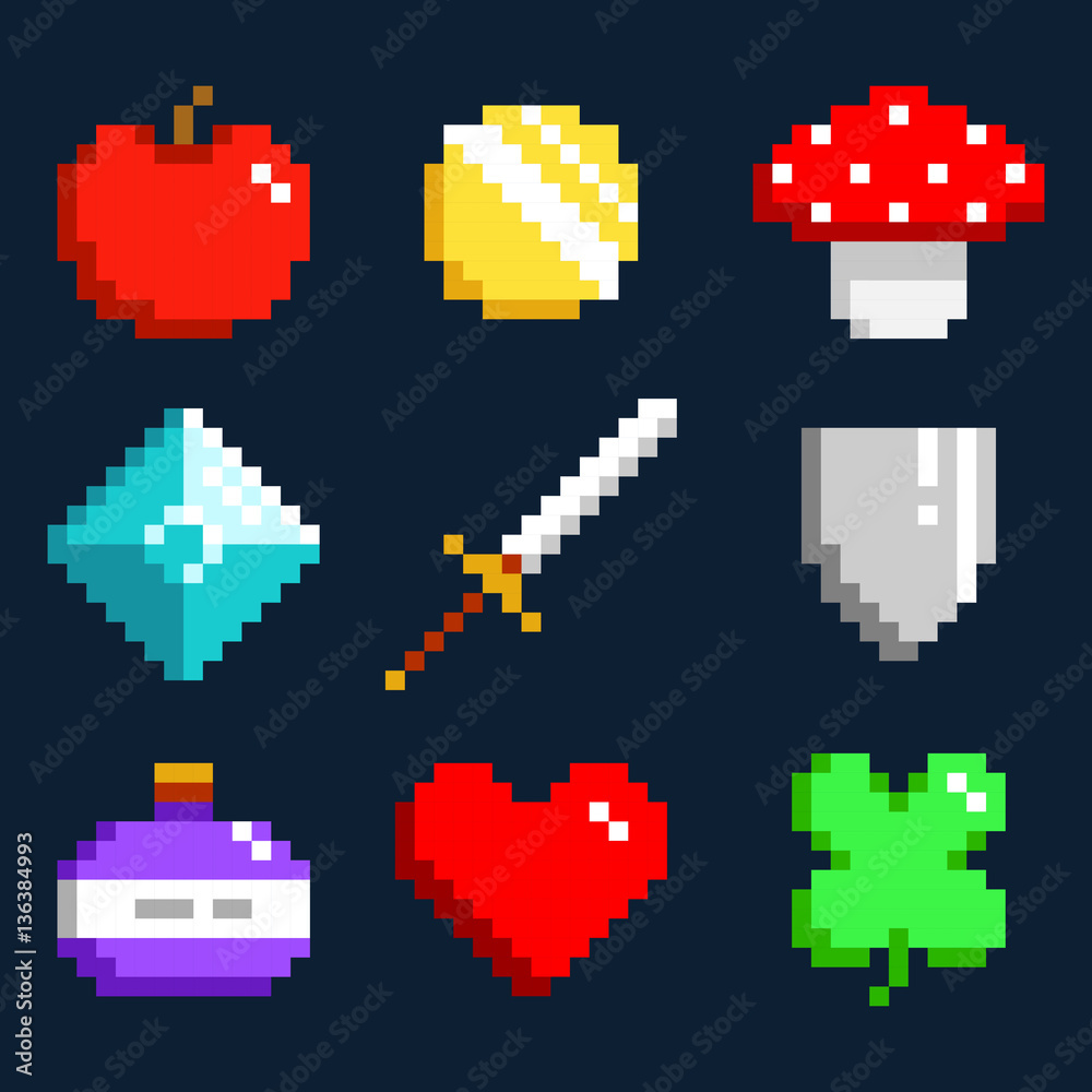 Vektorová grafika „Set of minimalistic pixel art vector objects isolated. game 8 bit style ...