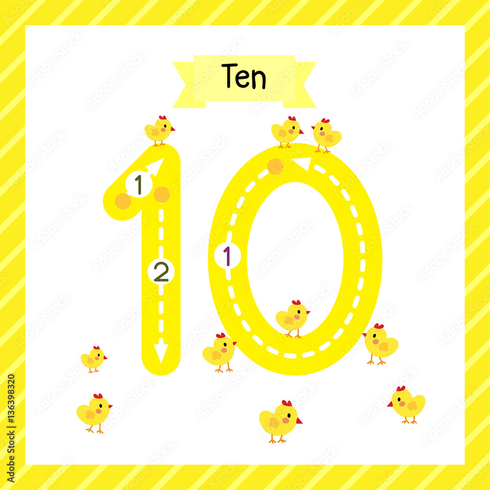 Cute children Flashcard number ten tracing with 10 chicks for kids ...