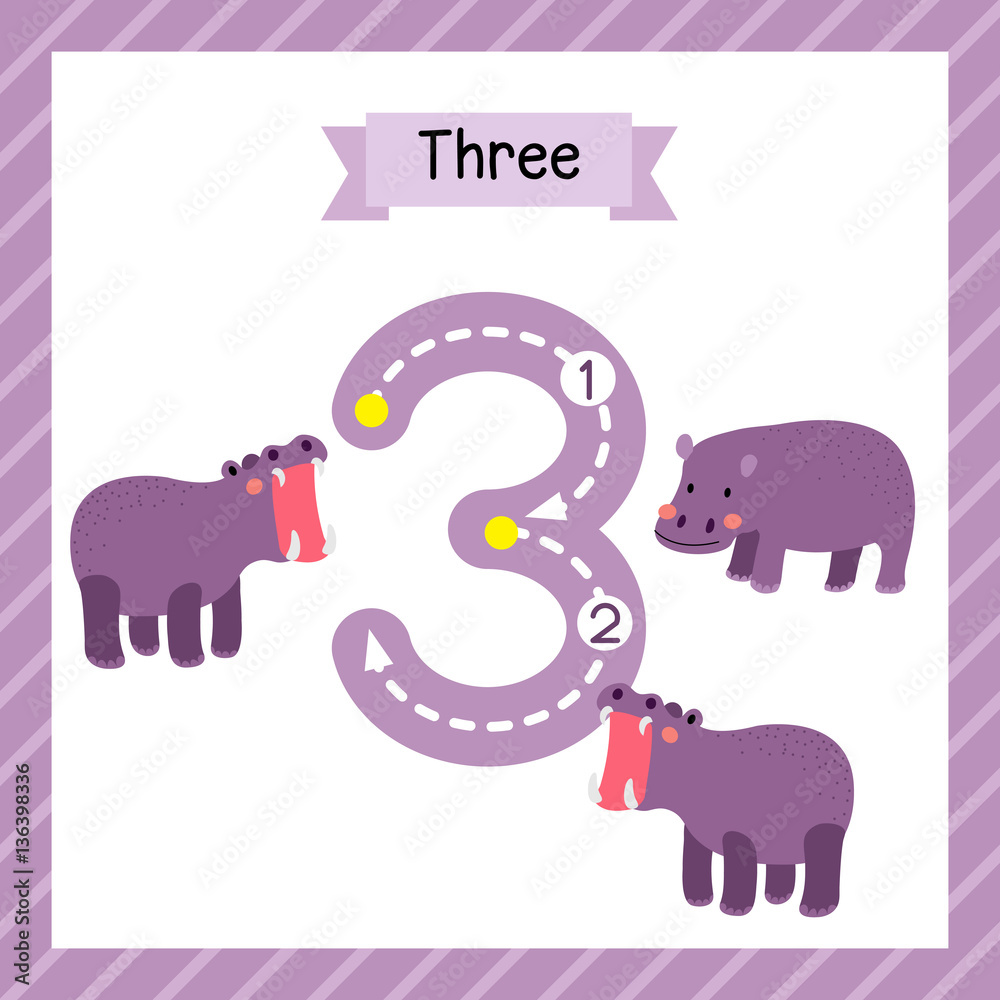 Cute children Flashcard number three tracing with 3 Hippopotamus for ...