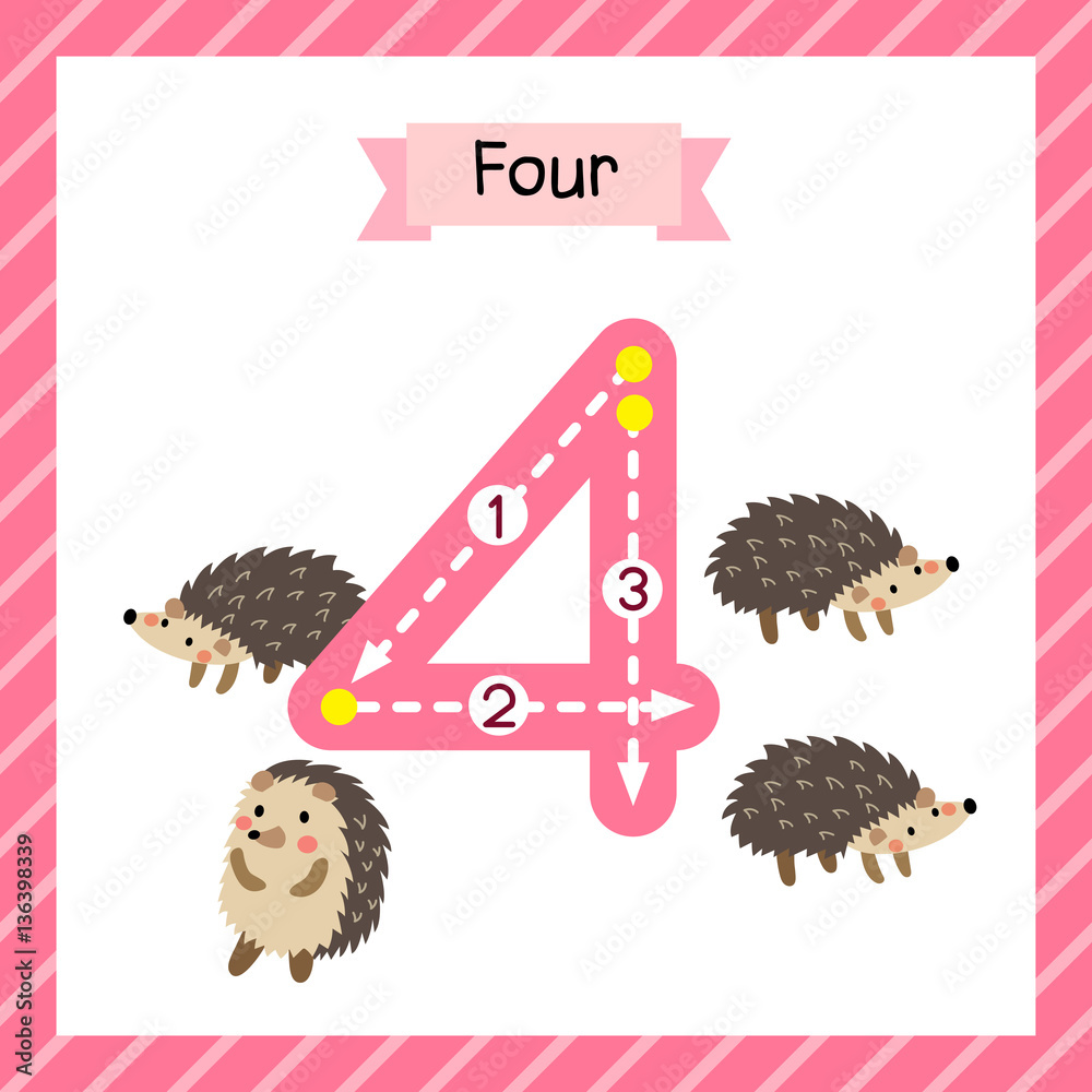 Cute children Flashcard number four tracing with 4 Hedgehogs for kids ...