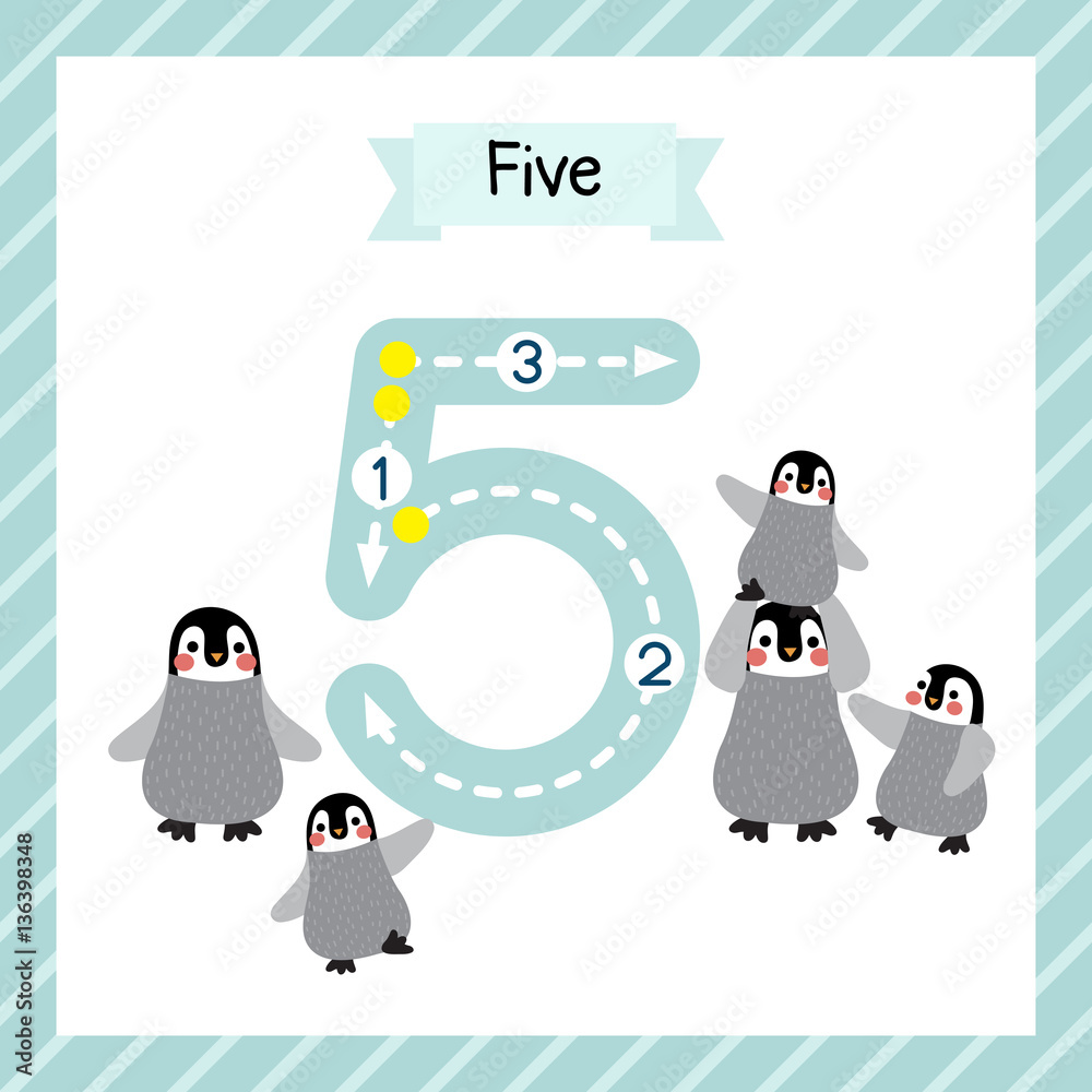 Cute children Flashcard number five tracing with 5 Penguins for kids ...