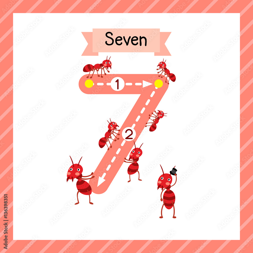 Cute children Flashcard number seven tracing with 7 fire Ants for kids ...