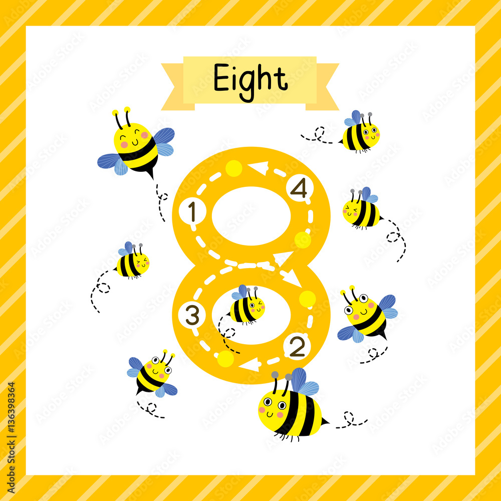 Cute children Flashcard number eight tracing with 8 Bees for kids ...