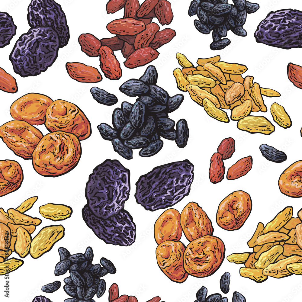 Dried fruits seamless pattern on white background, sketch style vector ...
