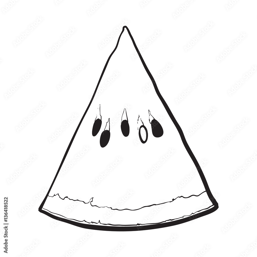 Triangular slice of ripe watermelon with black seeds, sketch style ...
