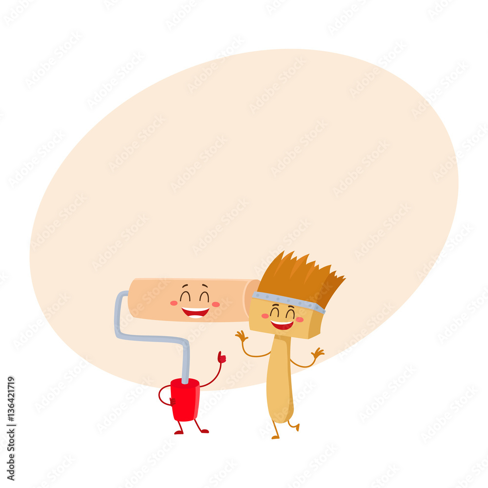 Funny smiling paint brush character and roller tool giving thumb up ...